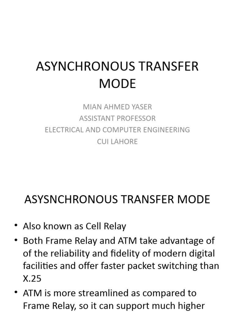 Asynchronous Transfer Mode: Mian Ahmed Yaser Assistant Professor Electrical and Computer ...