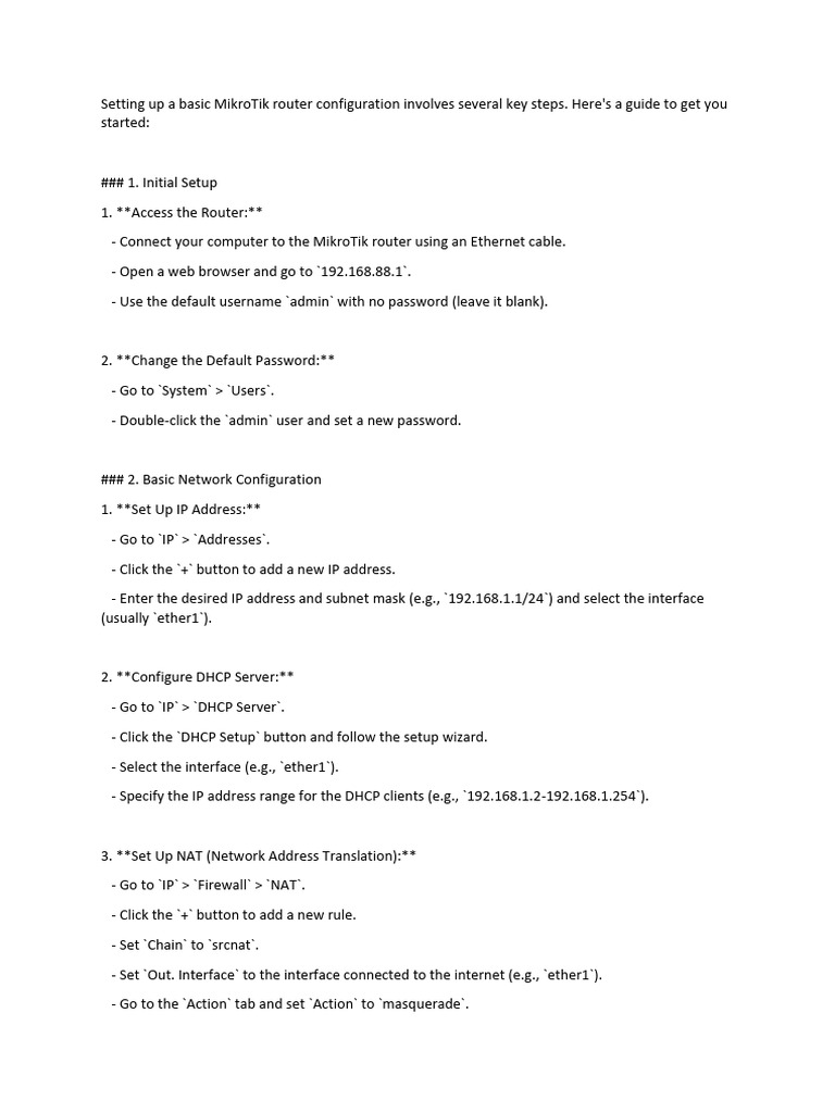 Setting Up A Basic MikroTik Router Configuration Involves Several Key Steps | PDF | Ip Address ...