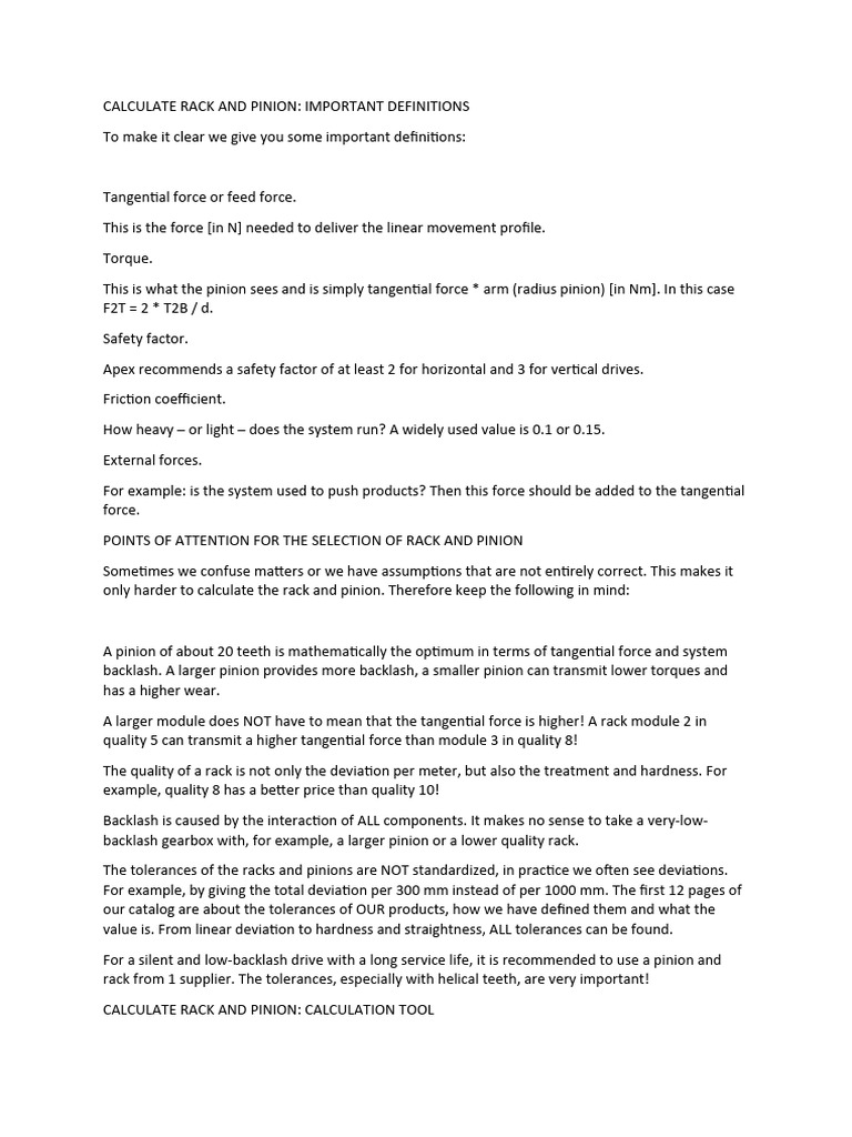 Calculate Rack and Pinion | PDF | Force | Engineering Tolerance