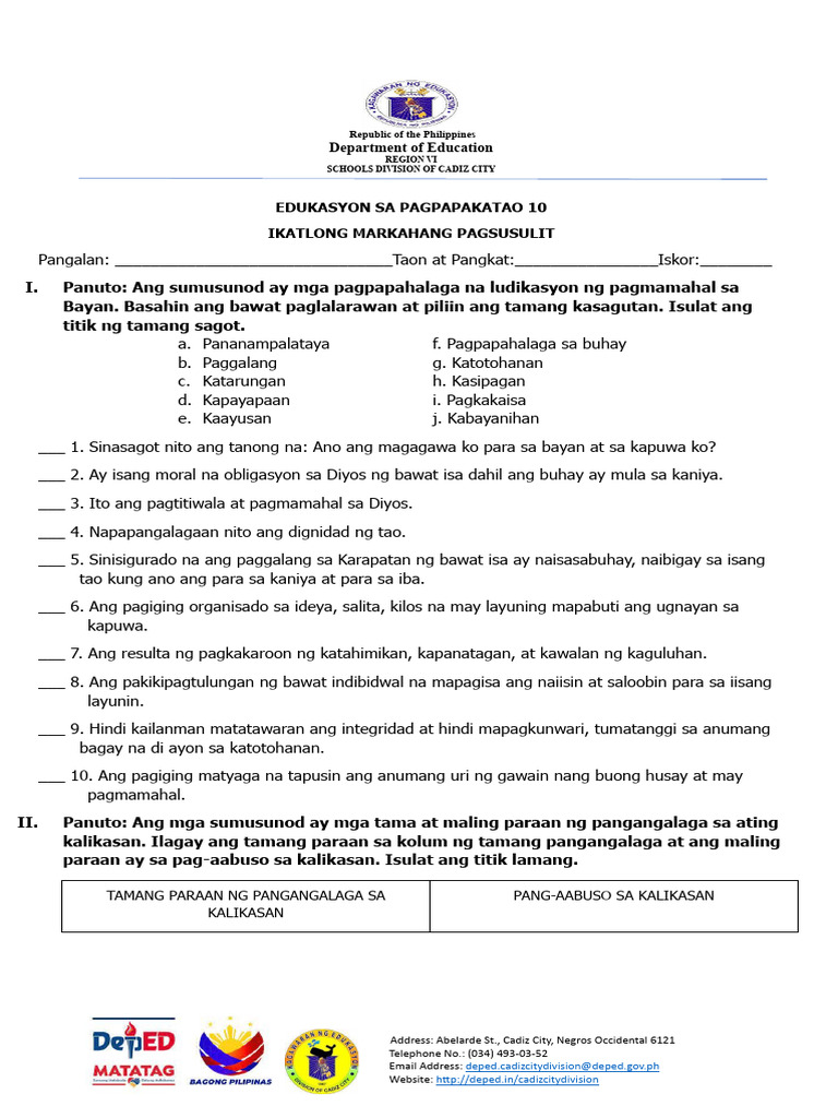 Gr 10 Third Grading Examination Pdf