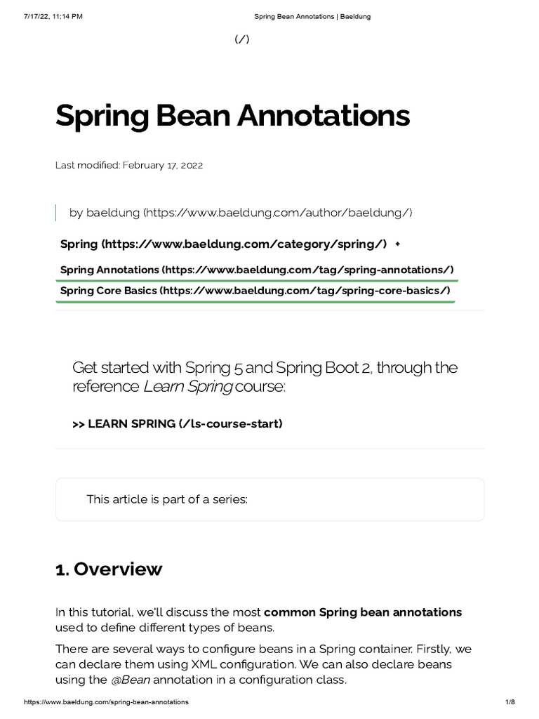 Spring Bean Annotations Baeldung | PDF | Spring Framework | Class (Computer Programming)