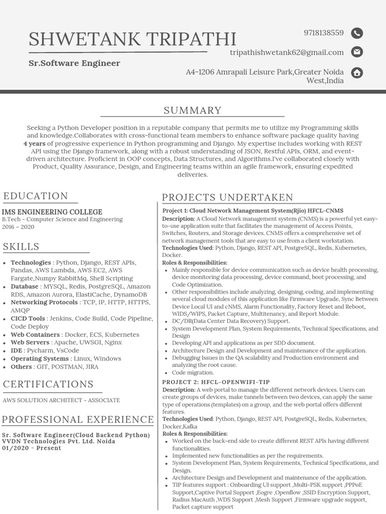 Resume Shwetank Tripathi Pdf Cloud Computing Python Programming 8157