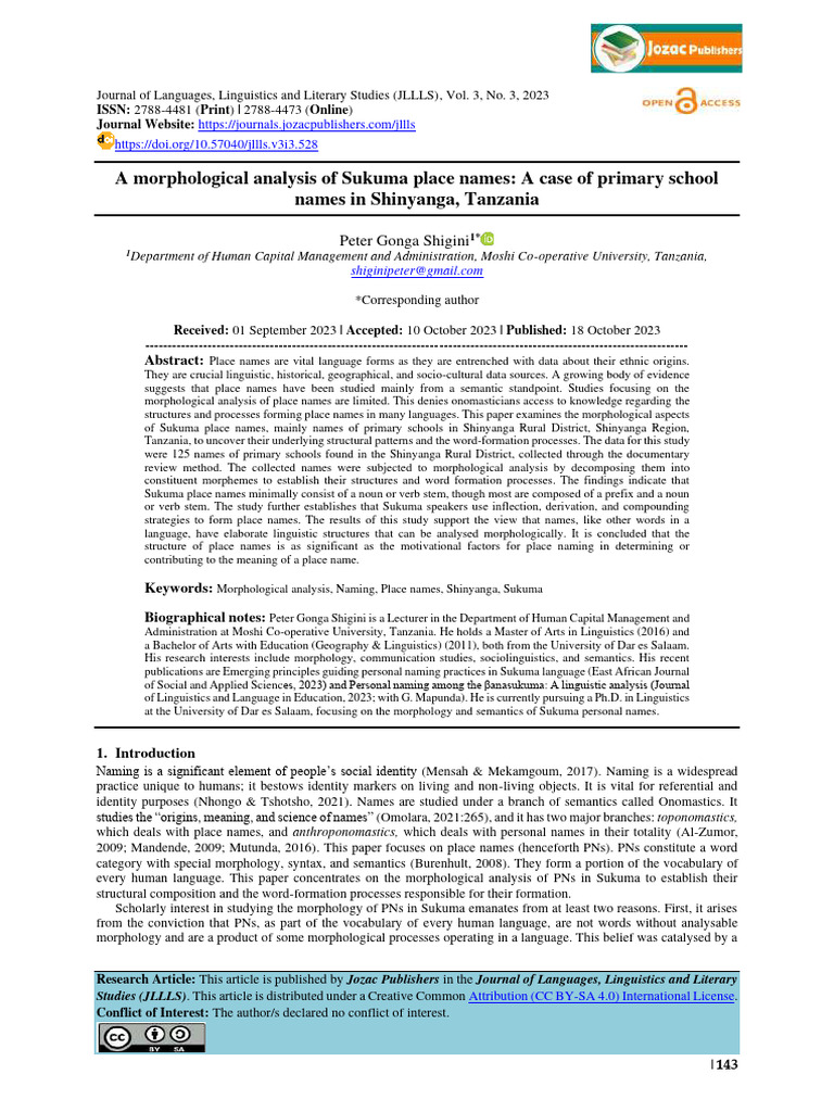 A Morphological Analysis of Sukuma Place Names A C | PDF | Morphology ...