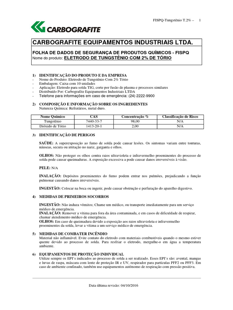 Fispq - Eletrodo de Tungstênio 2 - Tório - 04-10-2016 | PDF | Embalagem e rotulagem