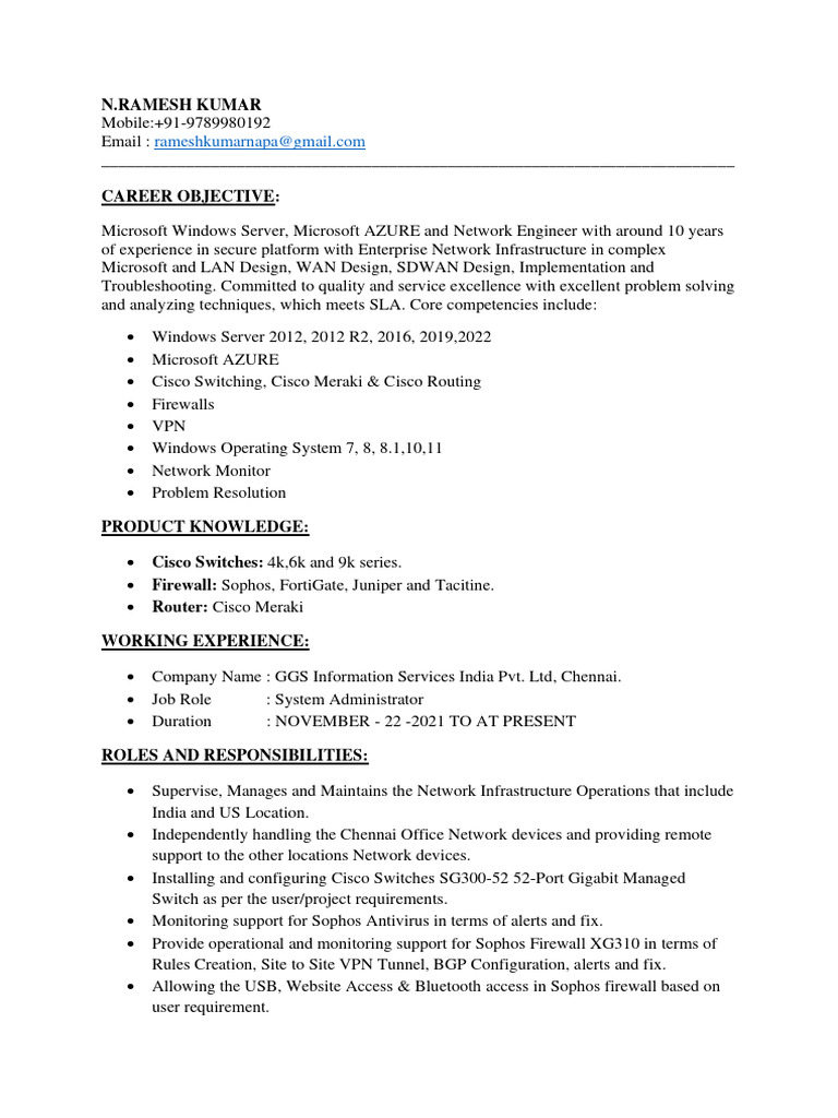 Job Application-WindowsServer, NetworkEngg&AZURE | PDF | Computer Network | Active Directory