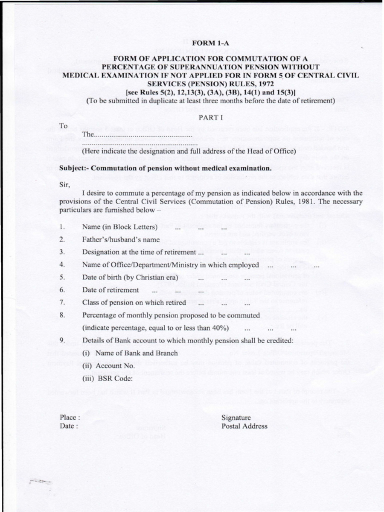 Pension Commutation Application Form I-A | PDF | Pension | Retirement