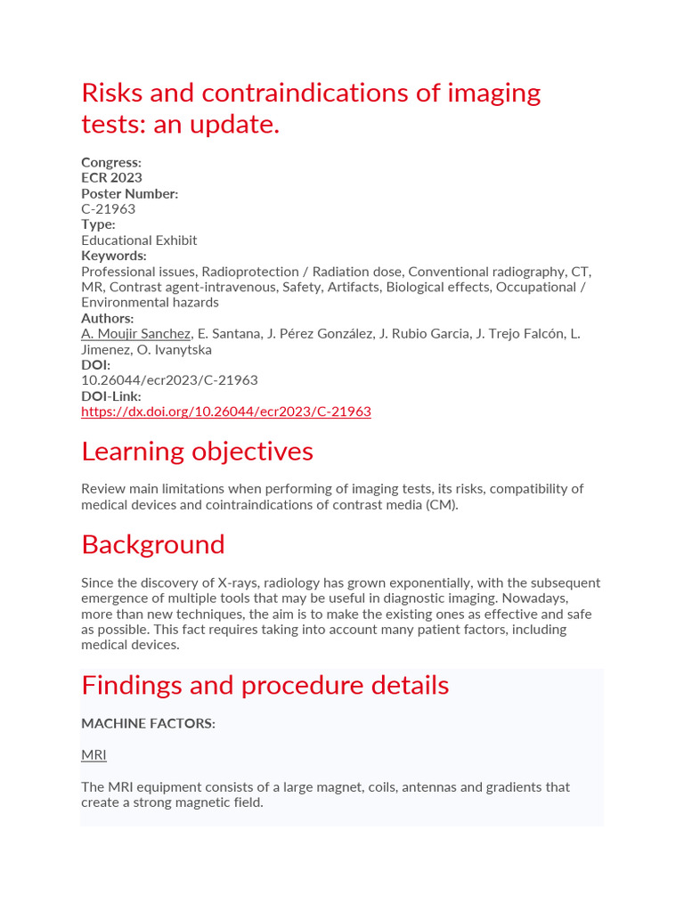 Risks and Contraindications of Imaging Tests | PDF | Medical Imaging ...