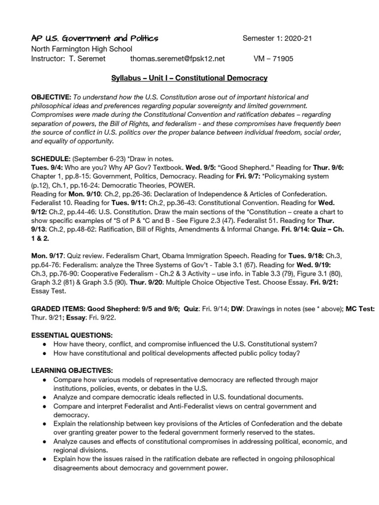 AP Gov-Unit 1 Syllabus | PDF | United States Bill Of Rights | Democracy