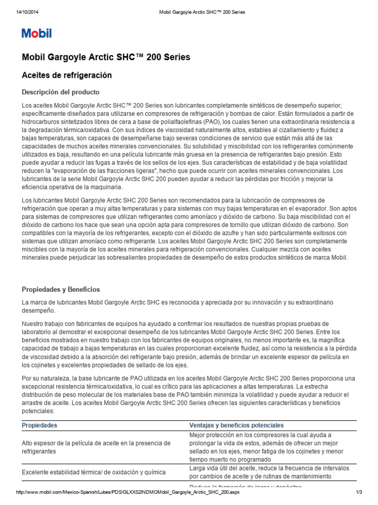 Mobil Gargoyle Arctic SHC™ 200 Series | PDF | Lubricante | Refrigeración