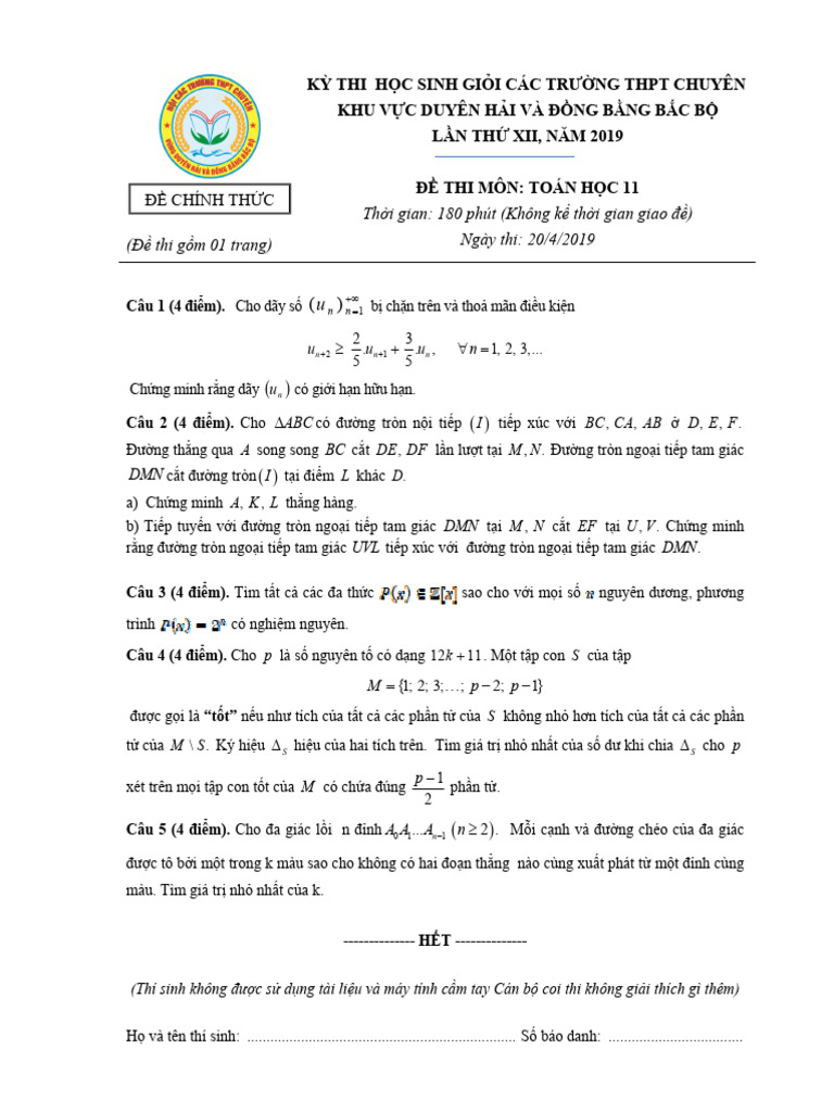 De Thi HSG Toan 11 Nam 2019 Cum Truong THPT Chuyen DHDB Bac Bo | PDF