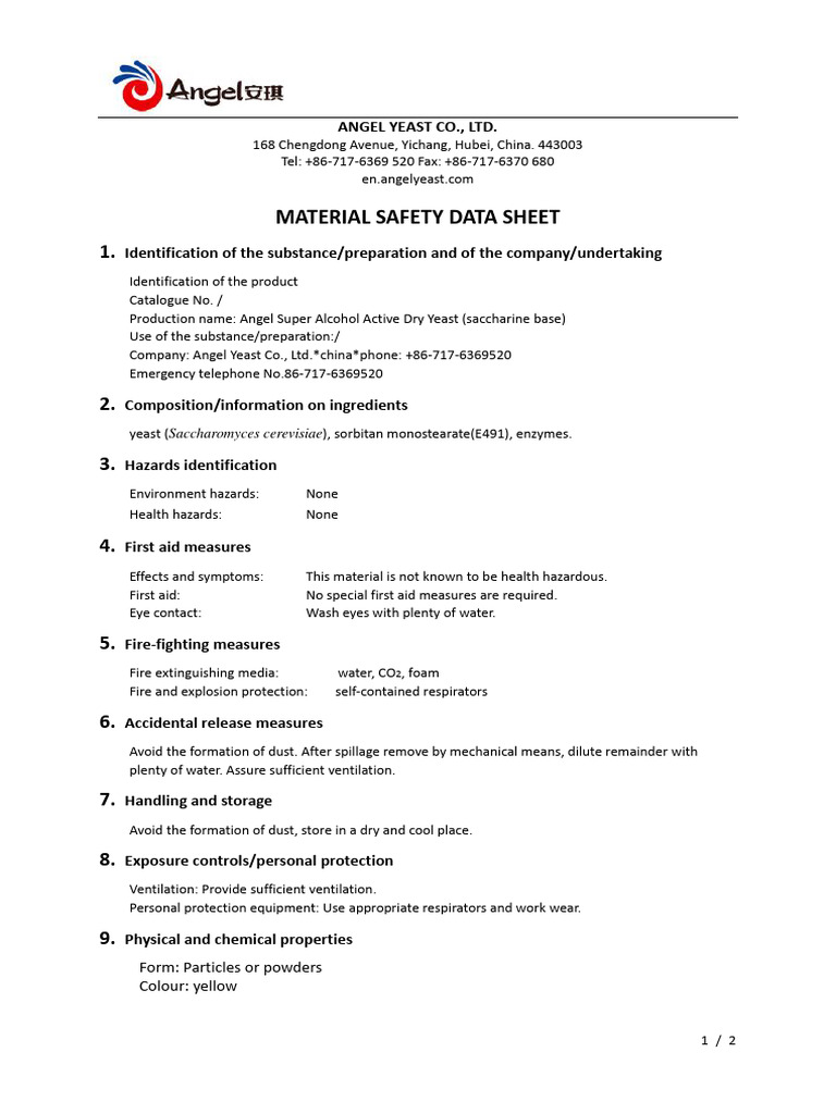 Leadura Super Activa Super Alcohol Yeast MSDS Ficha de Seguridad | PDF ...