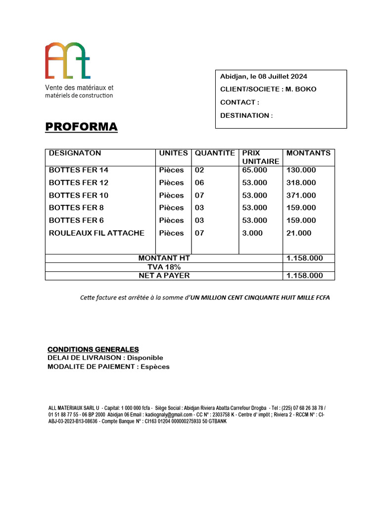 Facture Proforma Matériaux de Construction | PDF | Finance et gestion ...