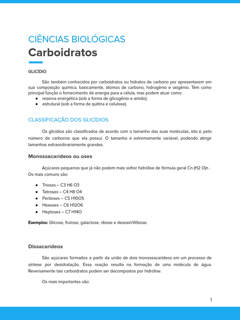 Resumo - Carboidratos, Lipídios, Vitaminas, Proteínas e Ácidos Nucleicos | PDF | Carboidratos | RNA