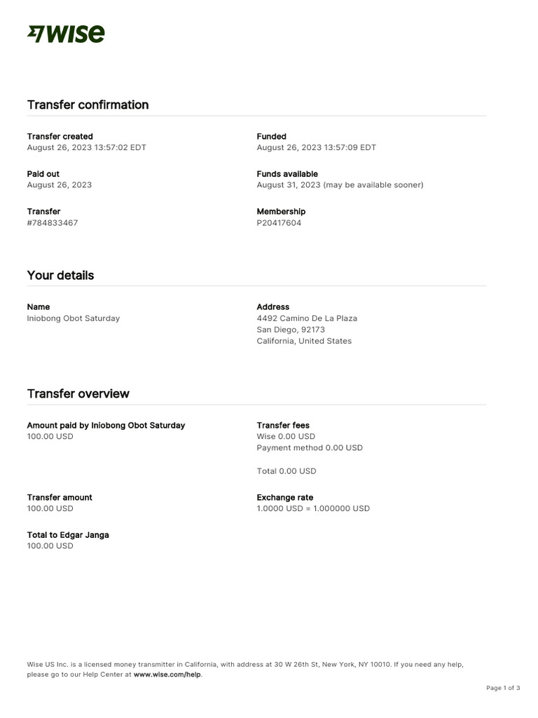 Wise US Inc. Transfer Confirmation Details | PDF | Economies | Payments