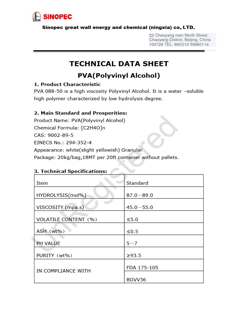 TDS Polyvinyl Alcohol (PVA), 088-50 HIGH Sinopec | PDF