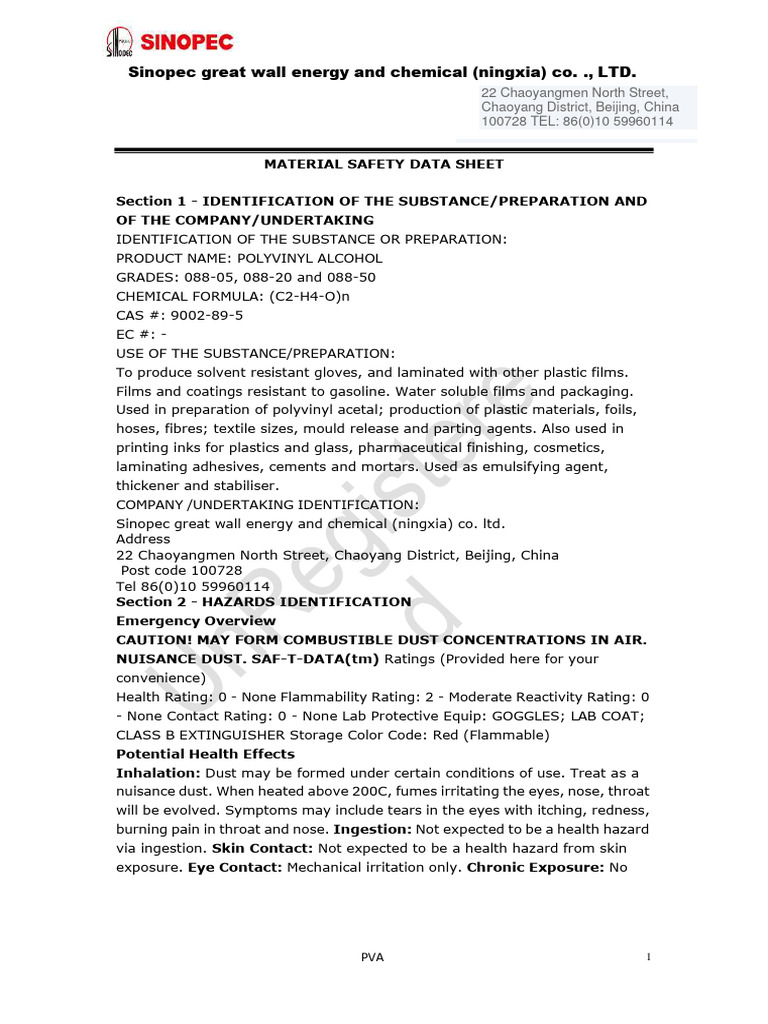 MSDS Pva Sinopec | PDF | Waste Management | Materials