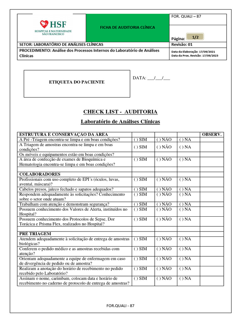 FOR. QUALI - 87 Ficha de Auditoria Clínica - Laboratório de Análises Clínicas | PDF | Sistema de ...