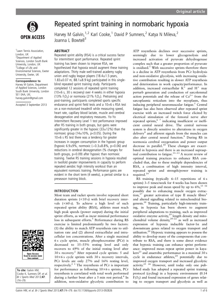 Repeated Sprint Training in Normobaric Hypoxia | PDF | Hemoglobin | Medical Specialties