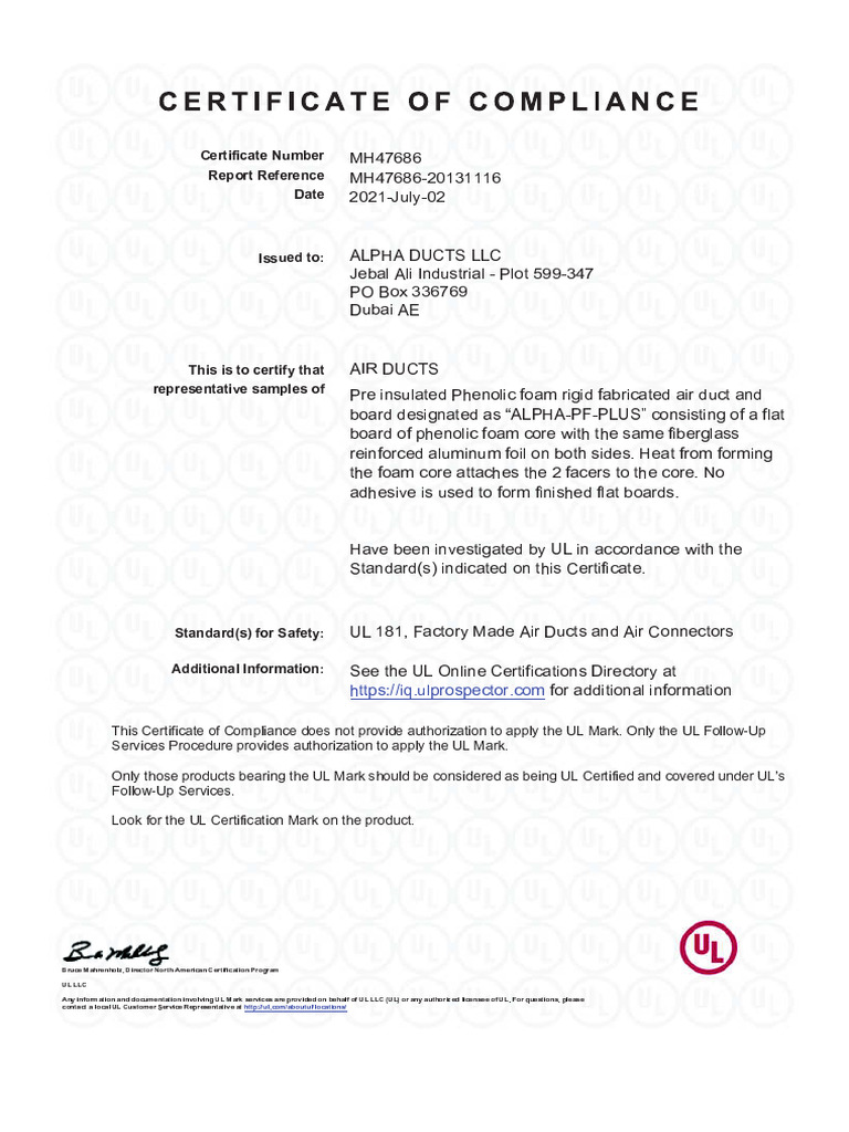 UL - Certificate Alpha Ducts | PDF