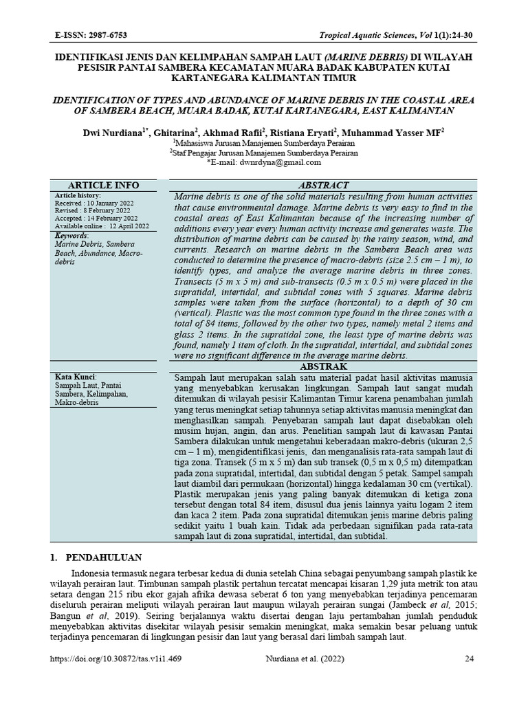 Identification of Types and Abundance of Marine Debris in The Coastal ...