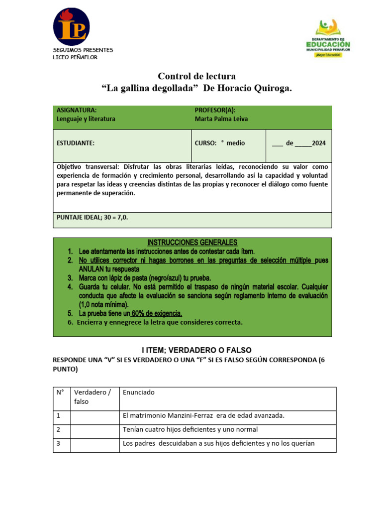 Control de Lect. La Gallina Degollada 2023 | PDF