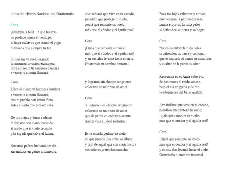 Letra Del Himno Nacional de Guatemala | PDF