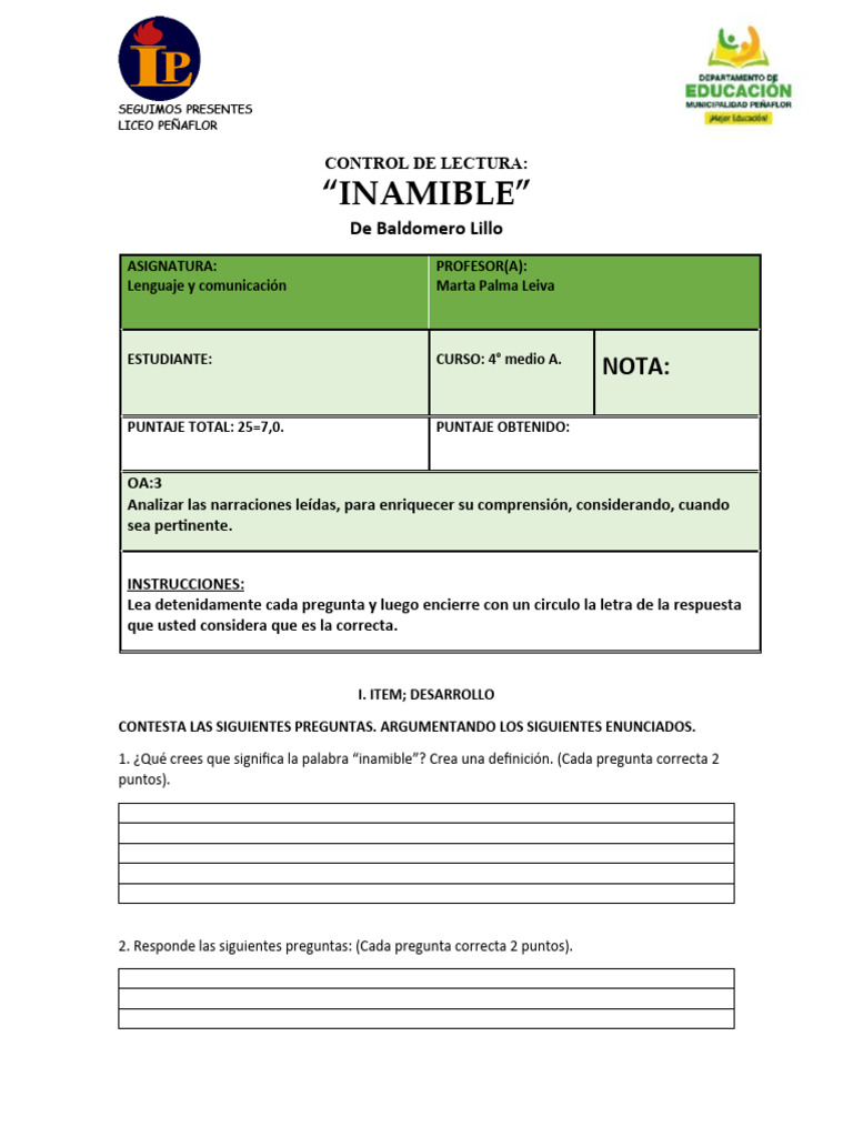 Control de Lect. Inamible 2023 | PDF