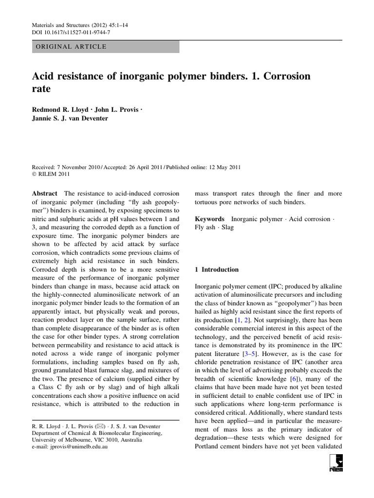 Acid Resistance of Inorganic Polymer Binders. 1. Corrosion Rate | PDF ...