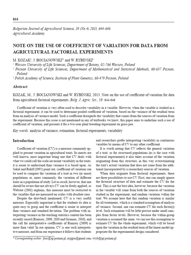 Note On The Use of Coefficient of Variation For Data From Agricultural Factorial Experiments ...