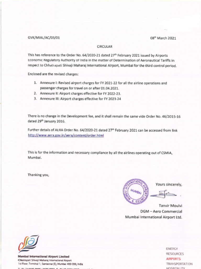 ADANI Circular_Airport Charges at CSMIA (AERA)_3rd Control period_080321 23 | PDF