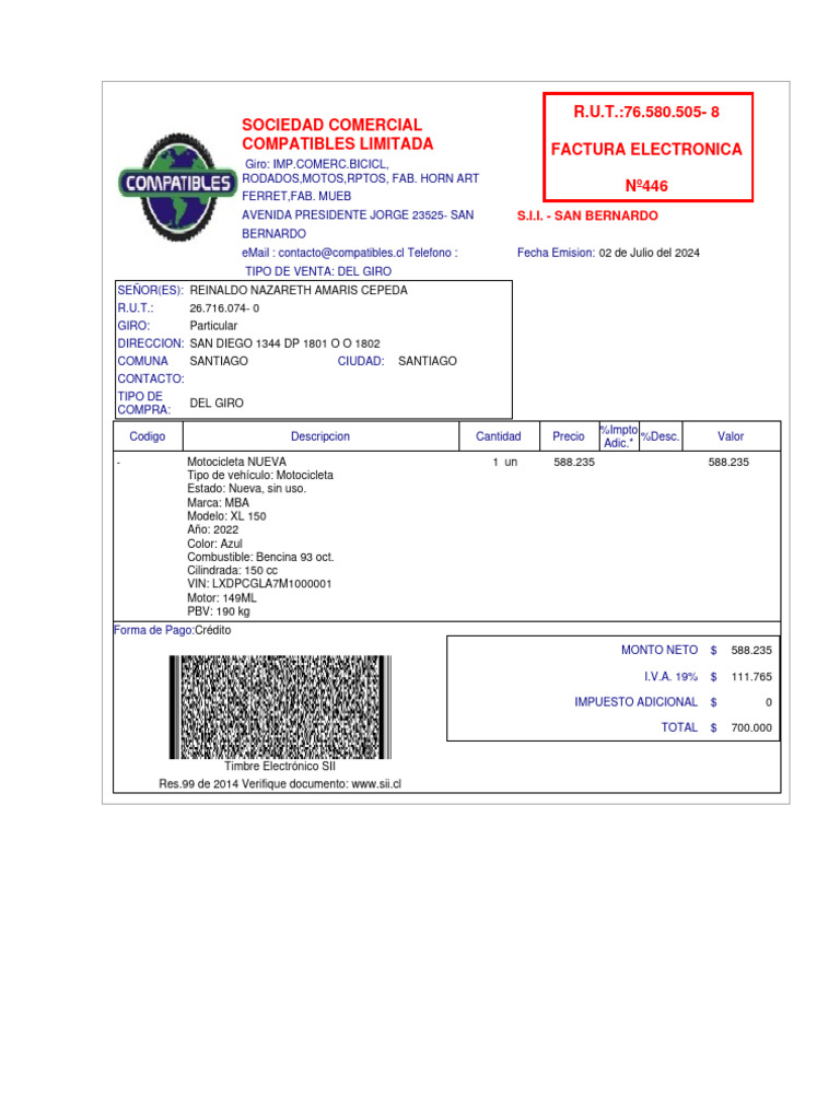 Sociedad Comercial Compatibles Limitada R.U.T.:76.580.505-8 Factura Electronica Nº446 | PDF ...