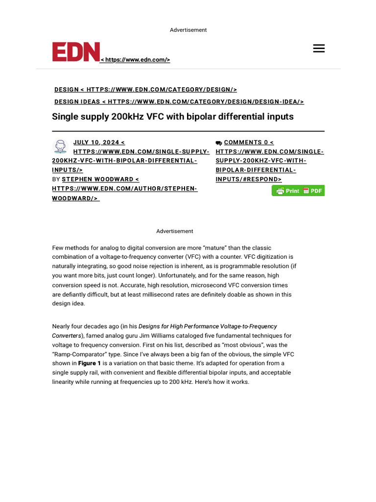 Single Supply 200kHz VFC With Bipolar Differential Inputs - EDN | PDF | Analog To Digital ...