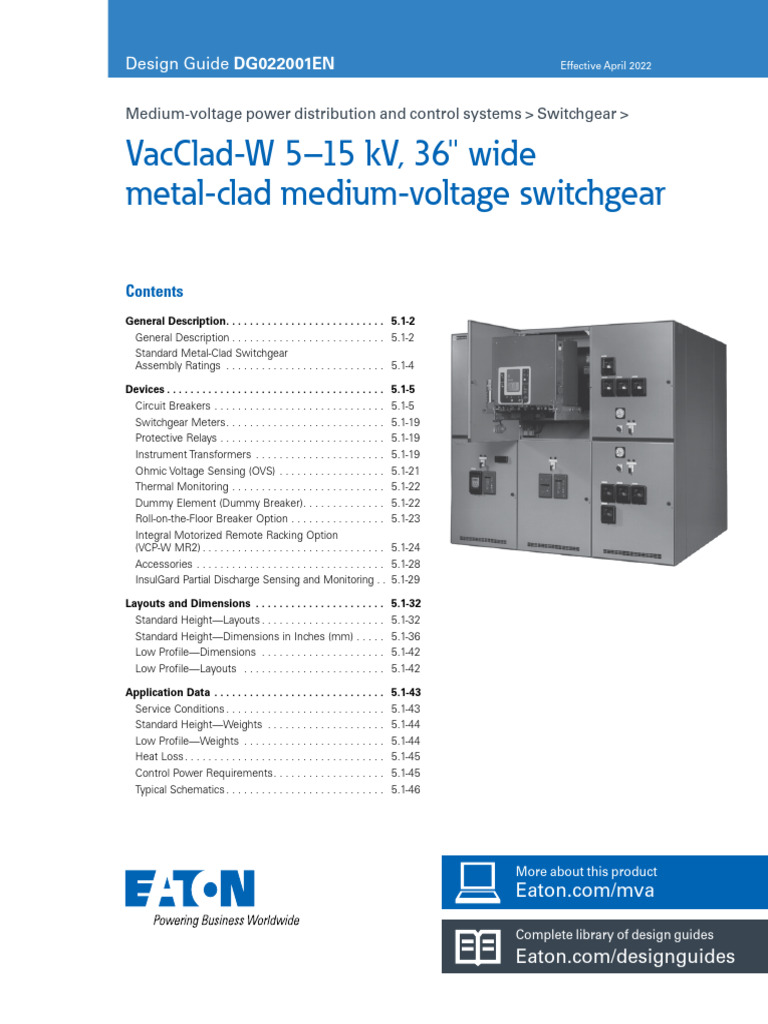 Eaton Vacclad W 5 15kv Metal Clad Medium Voltage Switchgear Design Guide Dg022001en | PDF ...