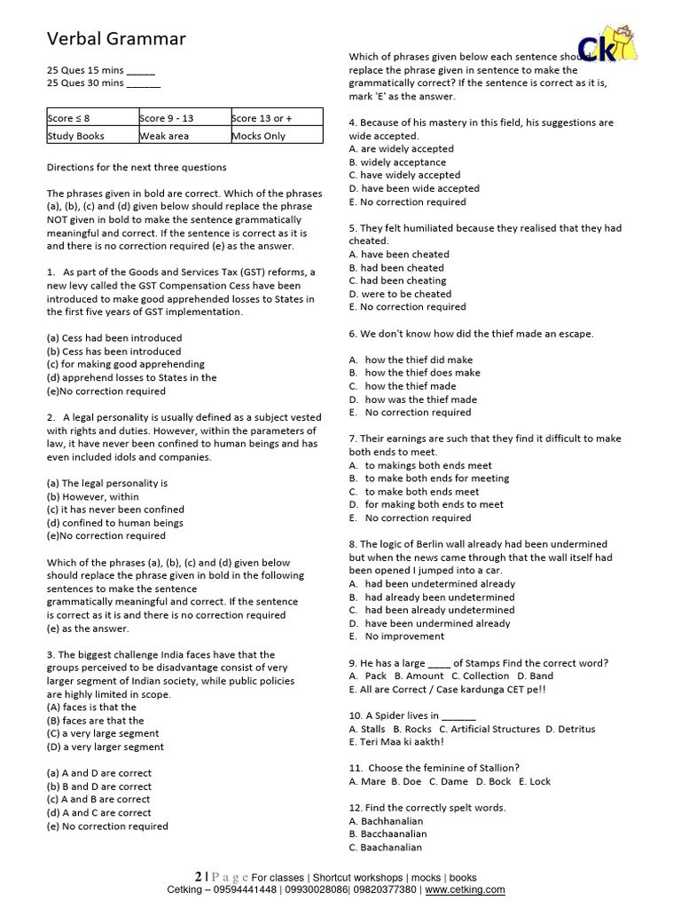 03 Verbal Grammar Section Surgical Strike MBA CET 2023 | PDF | Phrase | Linguistics