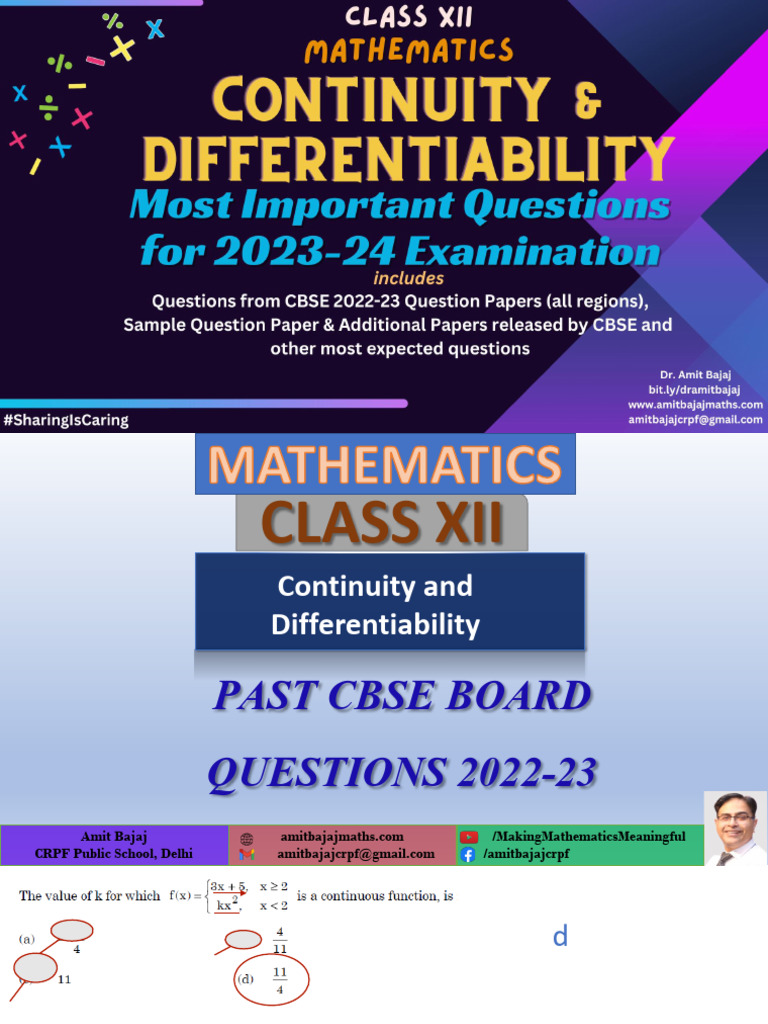 Class XII CONTINUITY & DIFFERENTIABILITY Most Important Questions For 2023-24 Examination (Dr ...