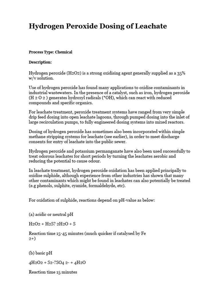 Hydrogen Peroxide Dosing of Leachate | PDF | Hydrogen Peroxide | Ph