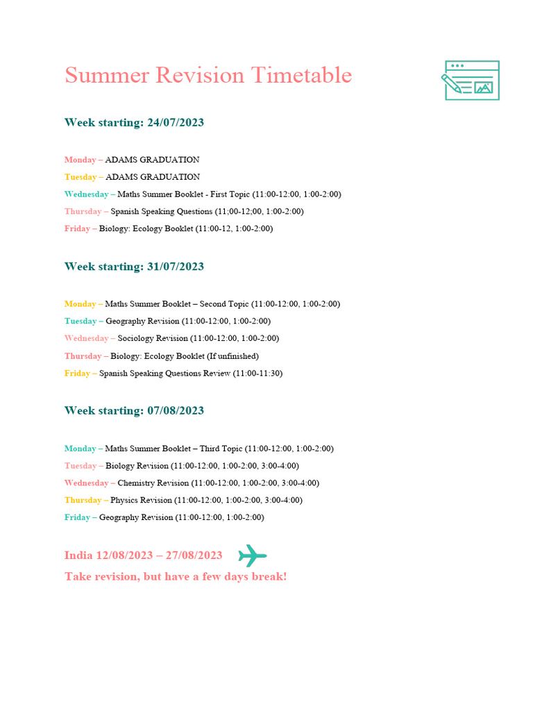 Summer Revision Timetable 2023 | PDF