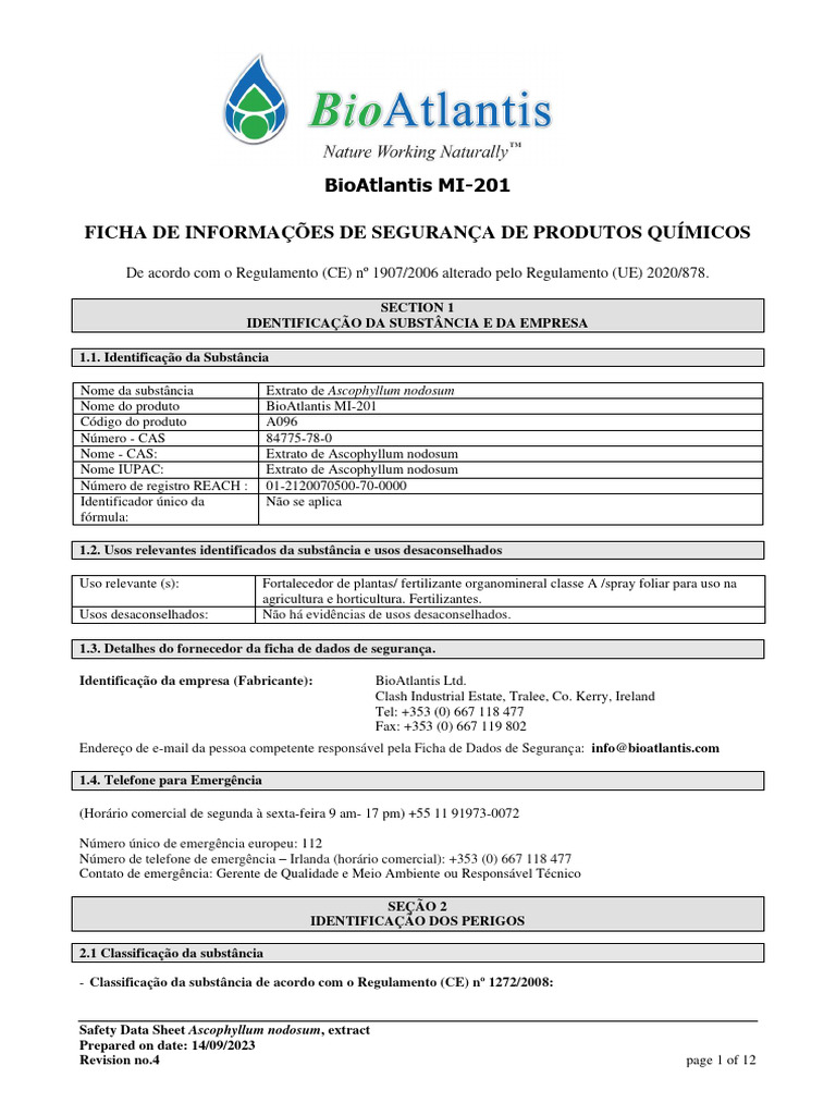 Ficha de Segurança BioAtlantis MI-201 | PDF | Desperdício | Águas residuais