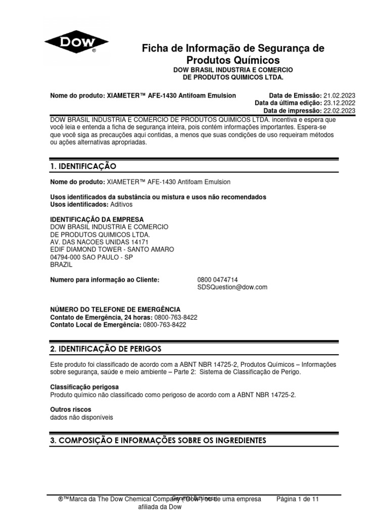 XIAMETER AFE-1430 Antifoam Emulsion-FISPQ (Ficha de Informação de ...