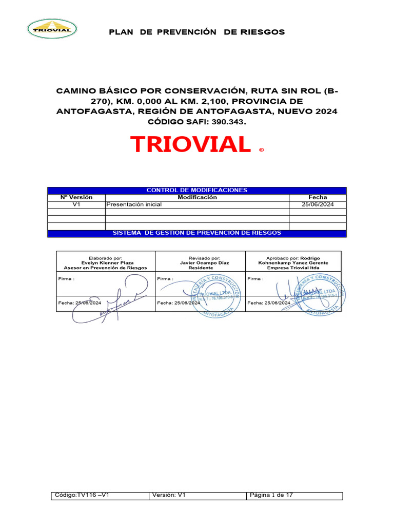 Plan Prevención de Riesgos TV-116 | PDF | Seguridad y salud ocupacional | Las condiciones de trabajo