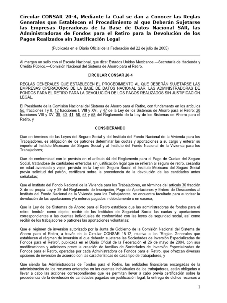 Circular CONSAR 20 | PDF | Empresa de inversiones | Compartir (Finanzas)