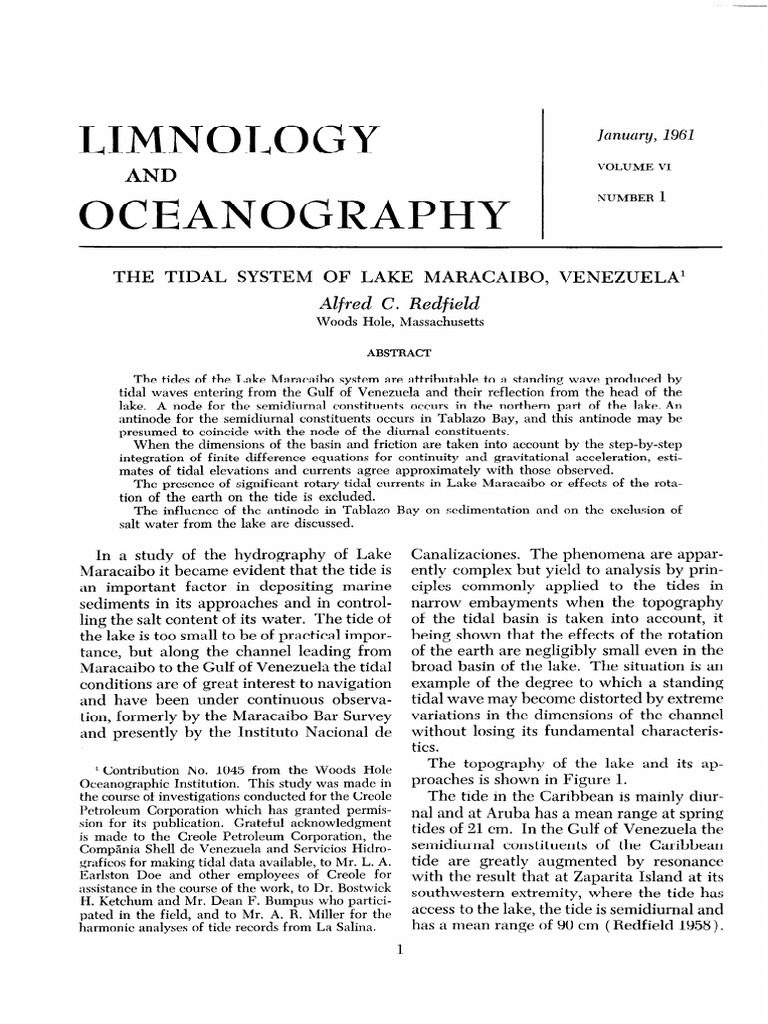 Limnology Oceanography - April 1961 - Redfield - THE TIDAL SYSTEM OF LAKE MARACAIBO VENEZUELA1 ...