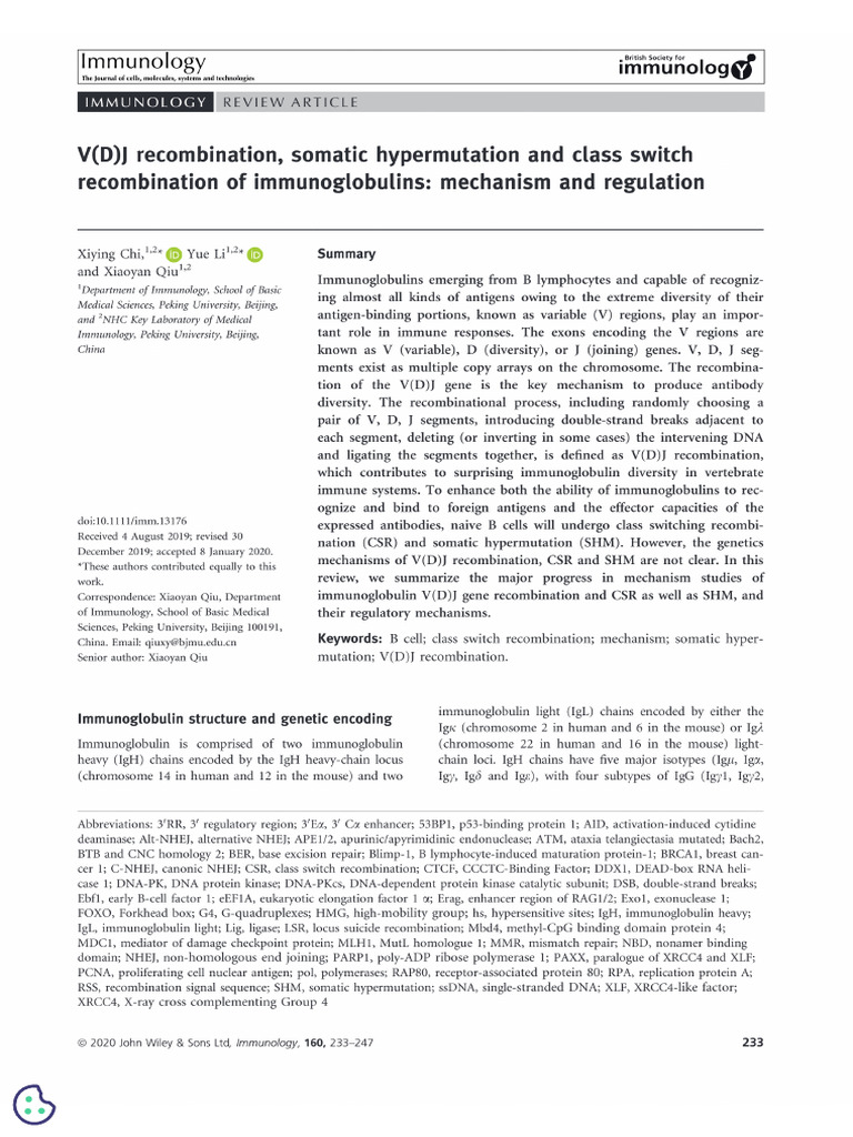 V(D)J Recombination, Somatic Hypermutation and Class Switch ...