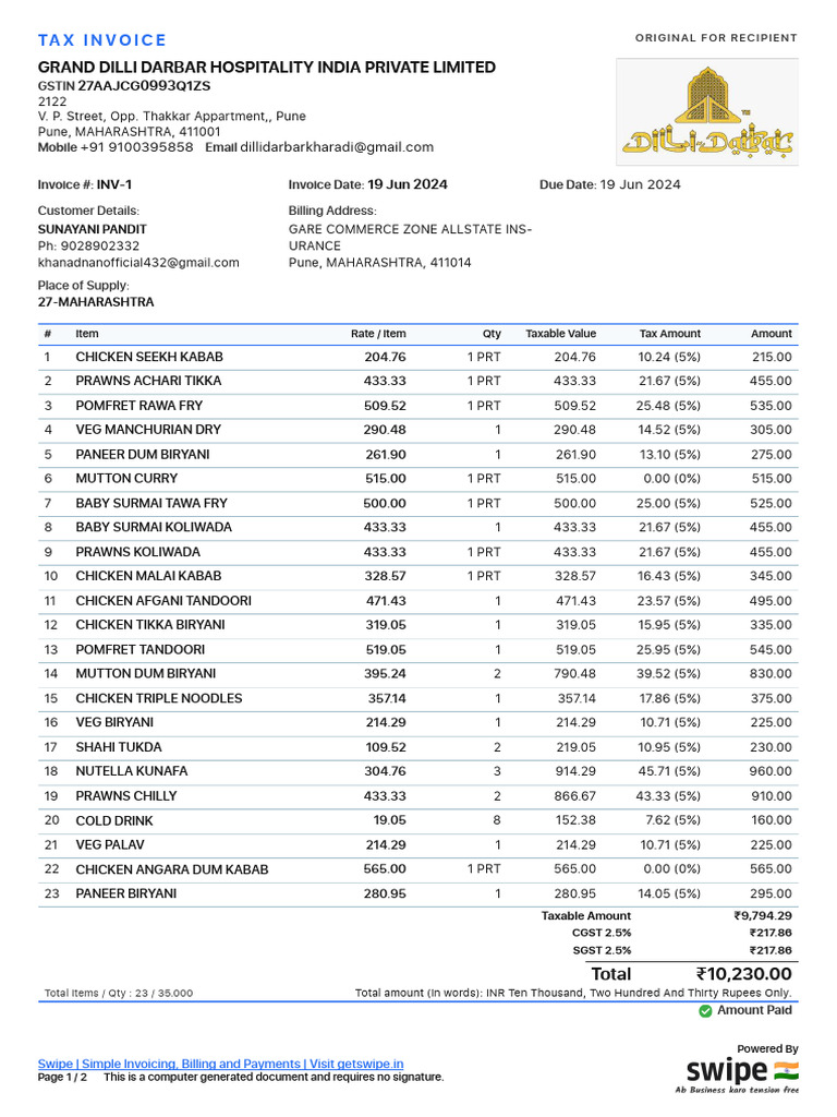 Grand Dilli Darbar Invoice Details | PDF | Foods | Asian Cuisine