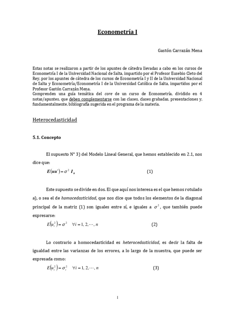 Econometría I - Heterocedasticidad | PDF | Mínimos cuadrados ordinarios | Econometría
