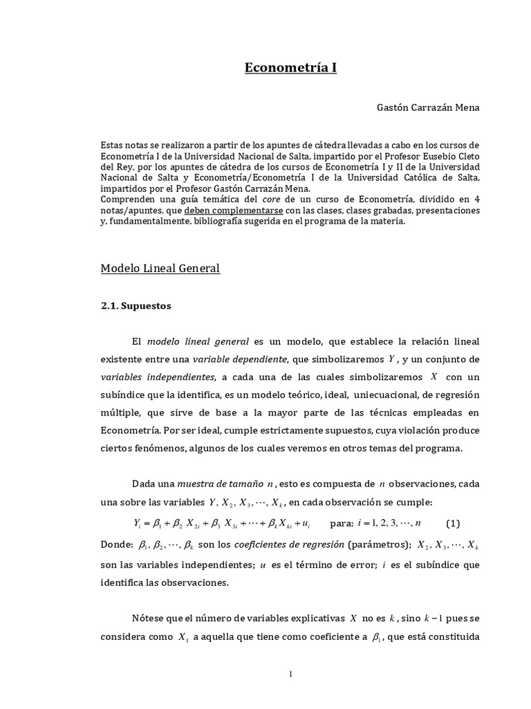 Econometría I - MLG | PDF | Mínimos cuadrados ordinarios | Regresión lineal