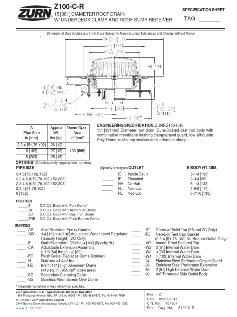15 (381) Diameter Roof Drain W/ Underdeck Clamp and Roof Sump Receiver ...