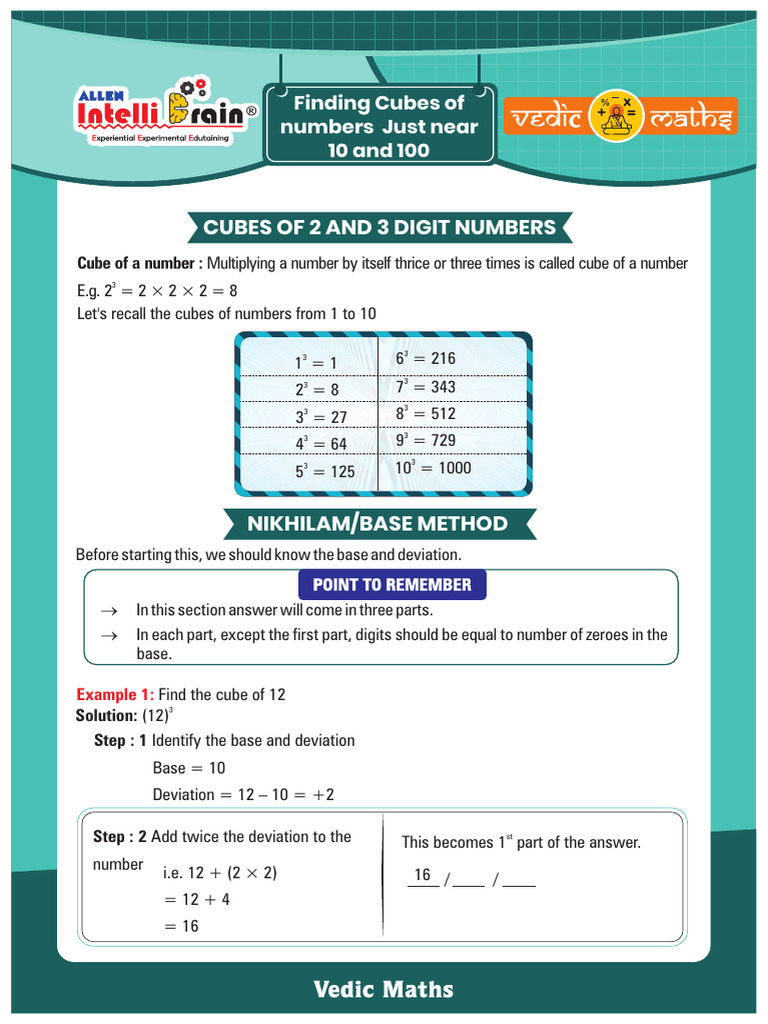 Handout - Finding Cubes of Numbers Just Near 10 and 100 - WB | PDF ...