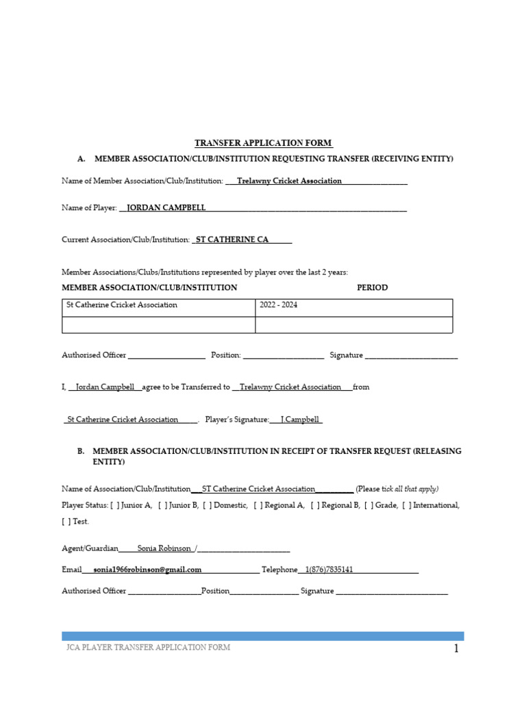 JCA PLAYER TRANSFER APPLICATION FORM (Damian Bryce) | PDF
