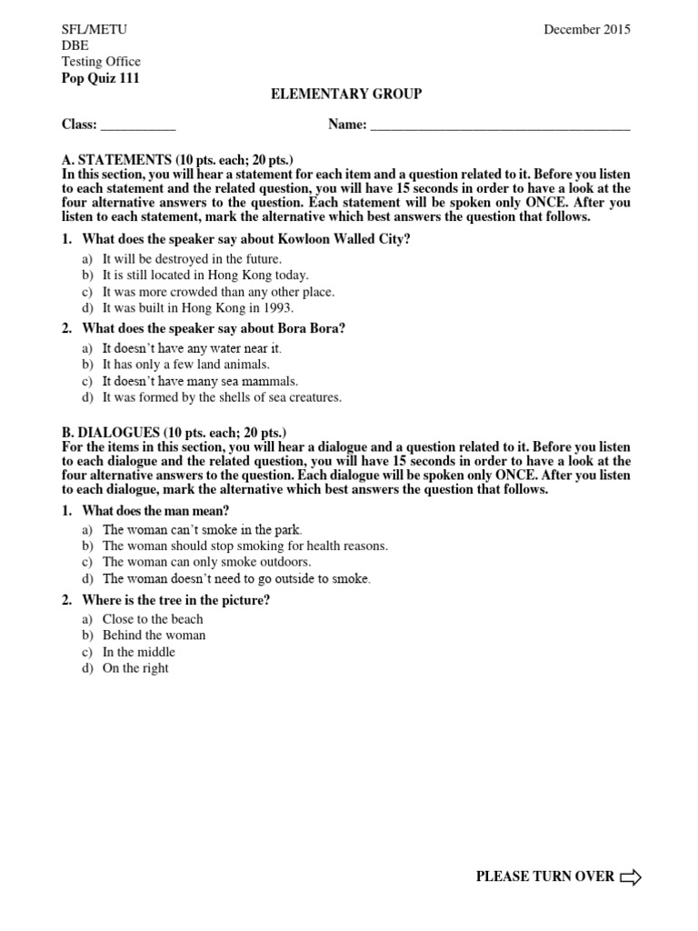 Elementary Listening Quiz Instructions | PDF | Cooking | Cuisine